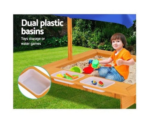 Wooden Kids Sandpit with Shade and Water Tubs — All Things For Kids